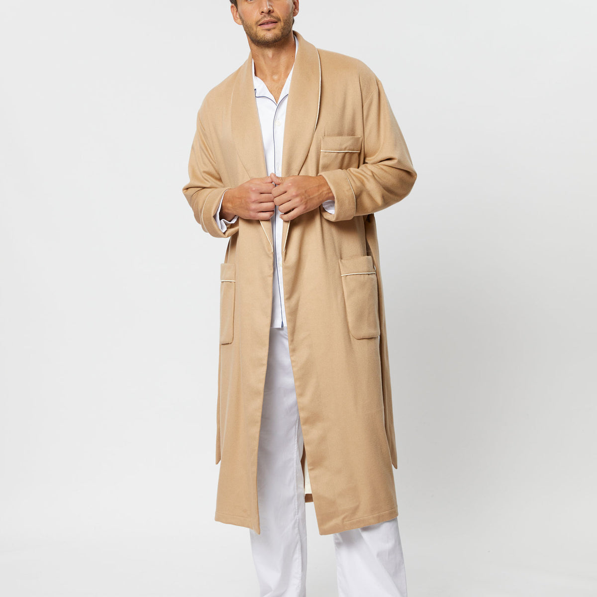 Men's Luxury Camel Silk Lined Cashmere Robe | Bonsoir of London