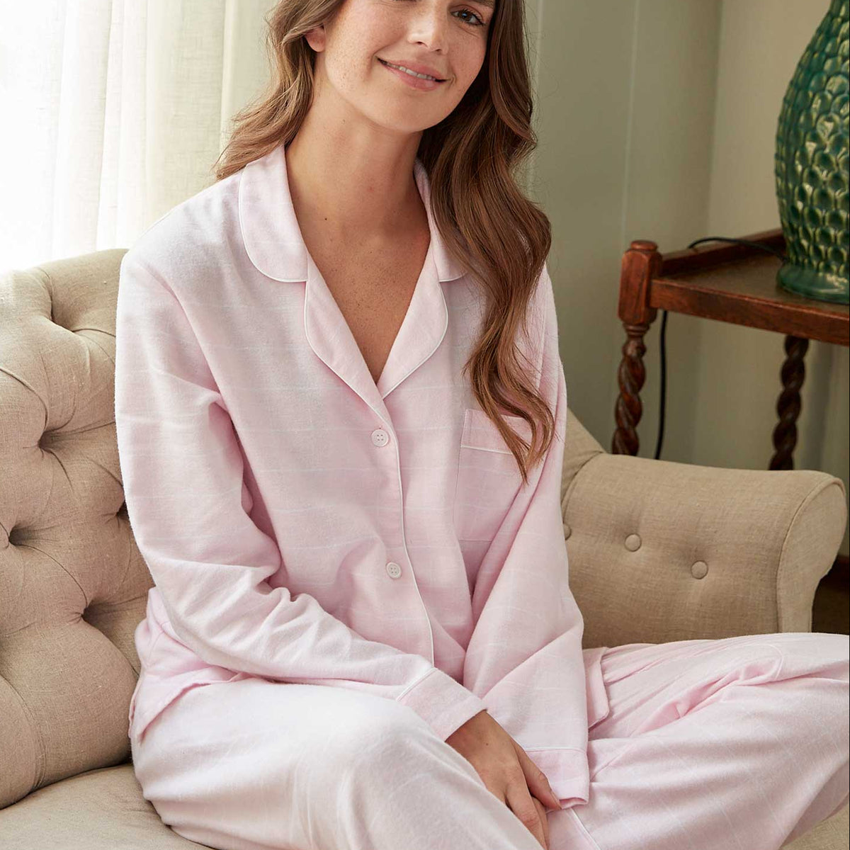 Women's Brushed Cotton Pyjamas - Denbury Check Light Pink – Bonsoir of ...