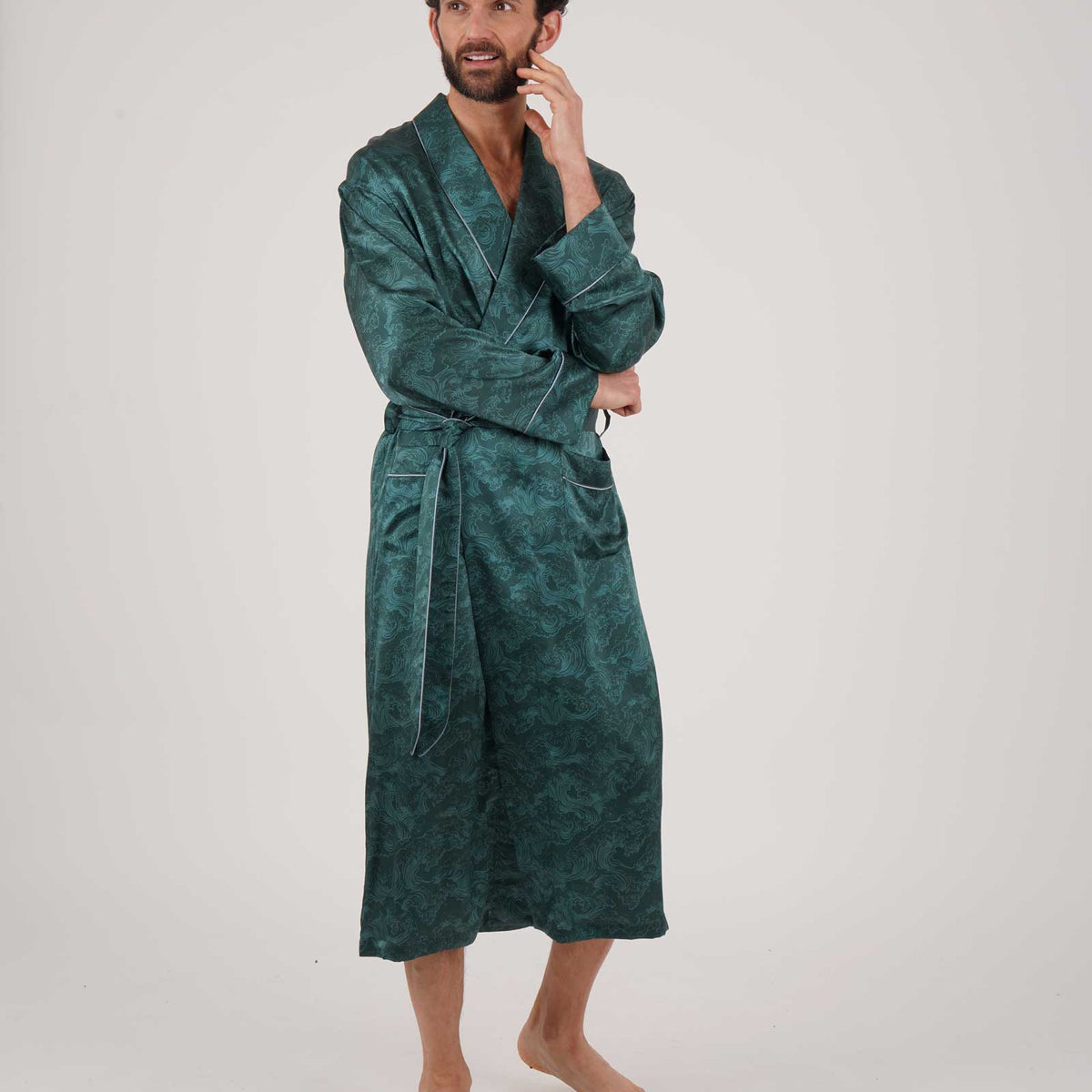 Men's Silk Dressing Gown - Bryher Wave Print – Bonsoir of London