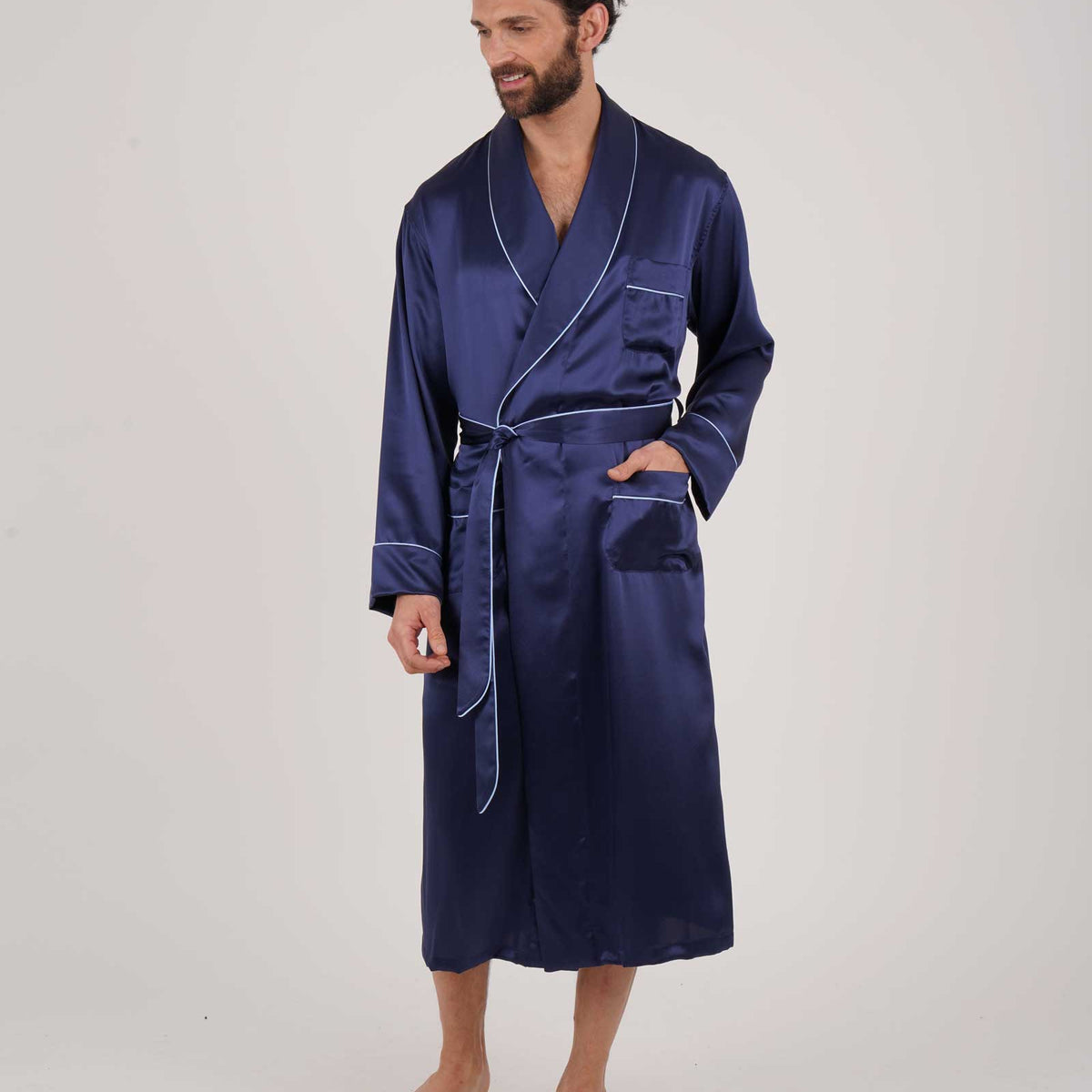 Men's Silk Dressing Gown - Navy – Bonsoir of London