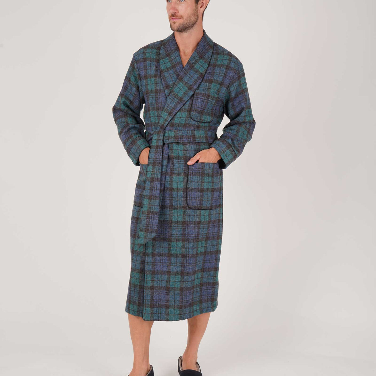 Men's Silk-Lined Wool Robe - Vintage Blackwatch – Bonsoir of London
