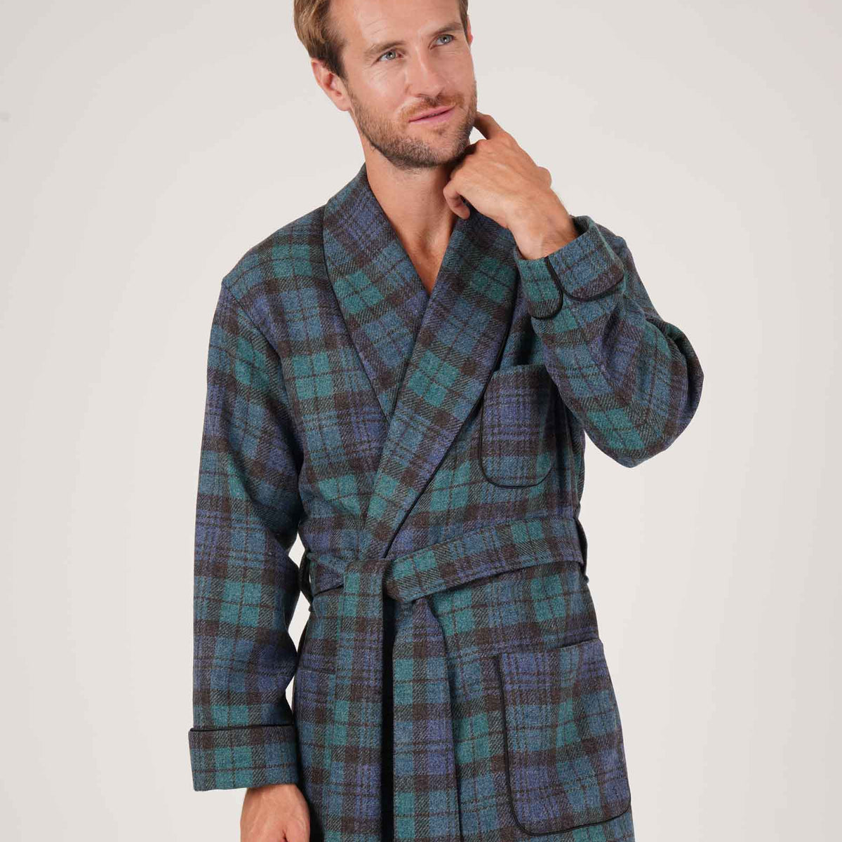 Men's Silk-Lined Wool Robe - Vintage Blackwatch – Bonsoir of London