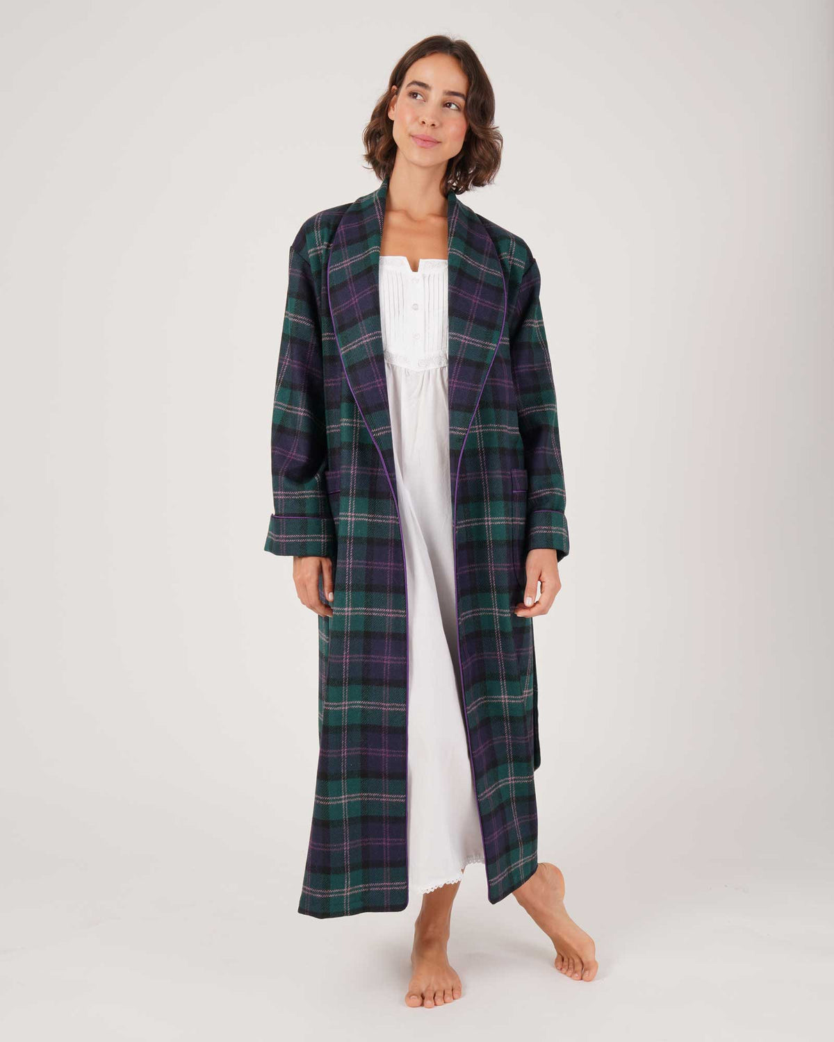 Women's Silk-Lined Wool Robe - Thistle Tartan – Bonsoir of London