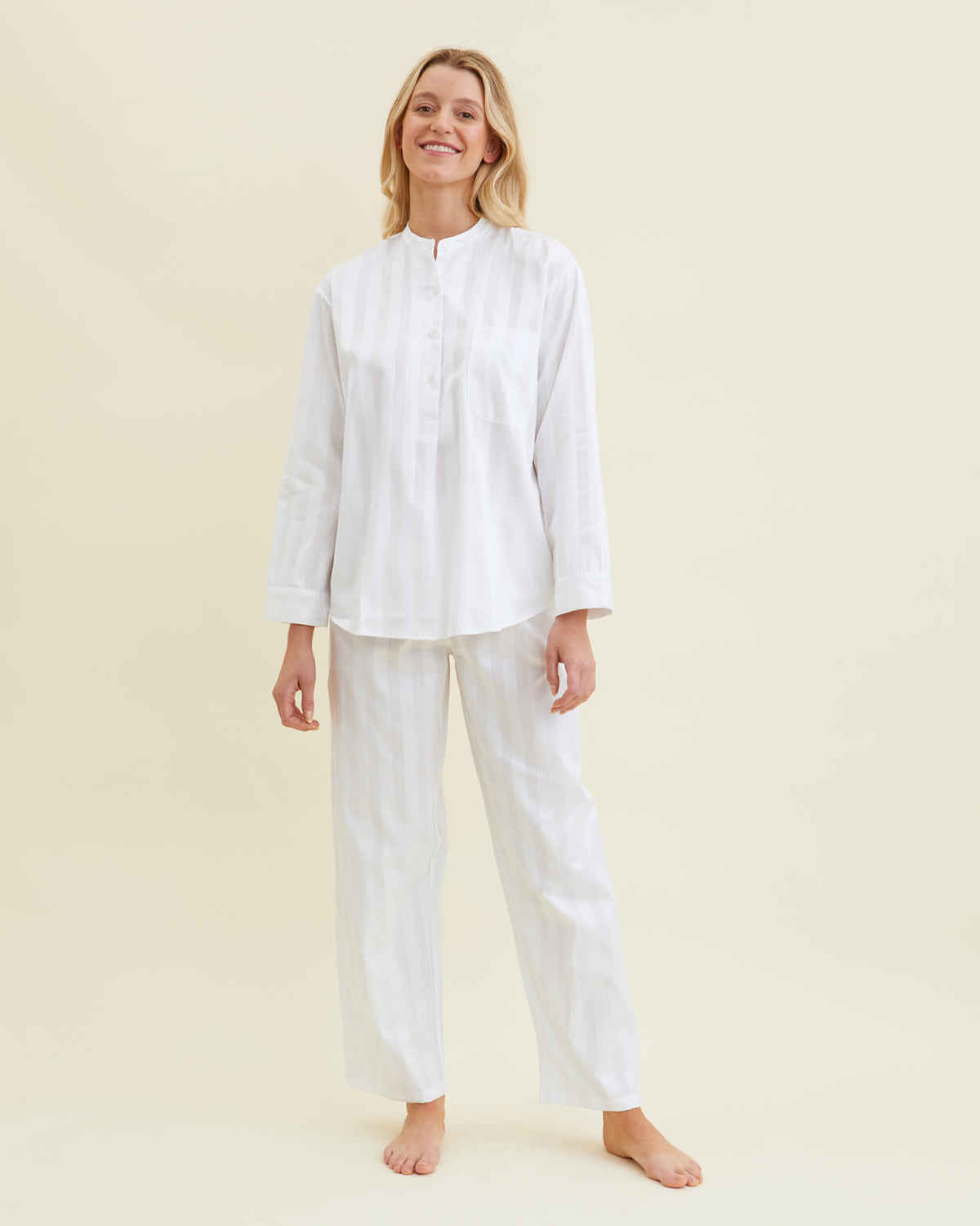 Satin Stripe White Grandad Pyjamas | Bonsoir of London