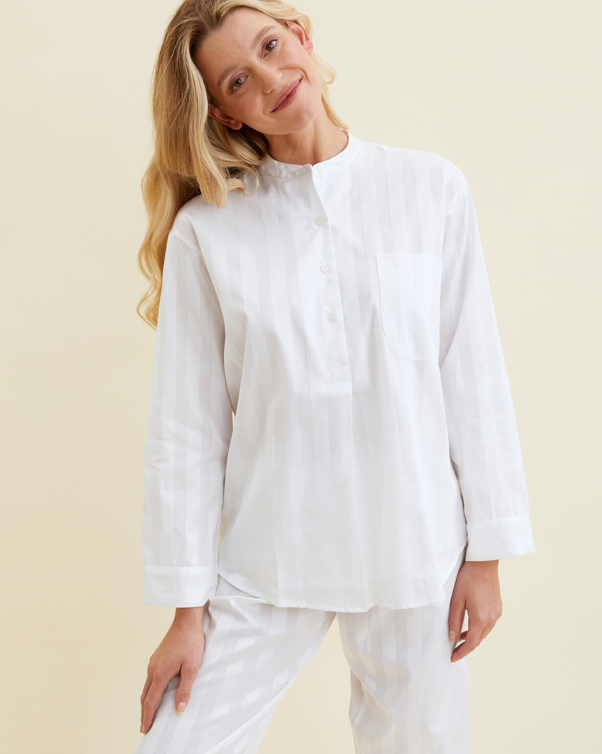 Satin Stripe White Grandad Pyjamas | Bonsoir of London
