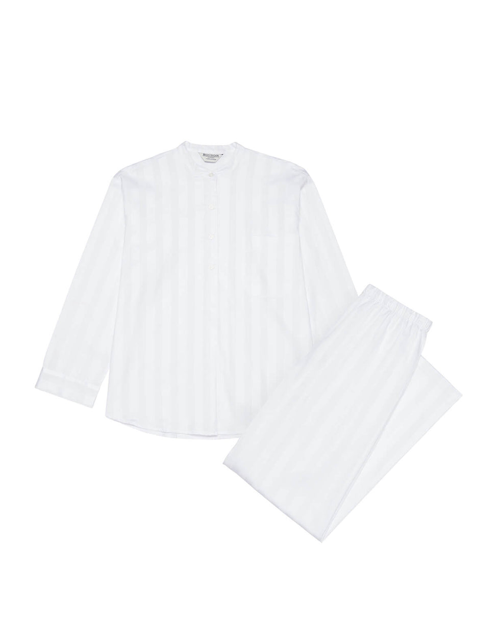 Satin Stripe White Grandad Pyjamas | Bonsoir of London